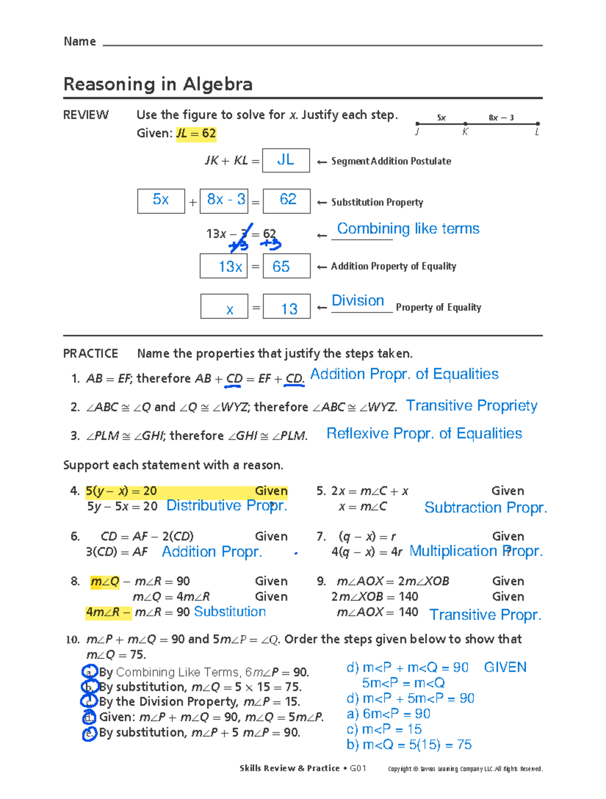 Study Guide Chapter 1 Test - Reasoning in Algebra REVIEW Use the figure ...