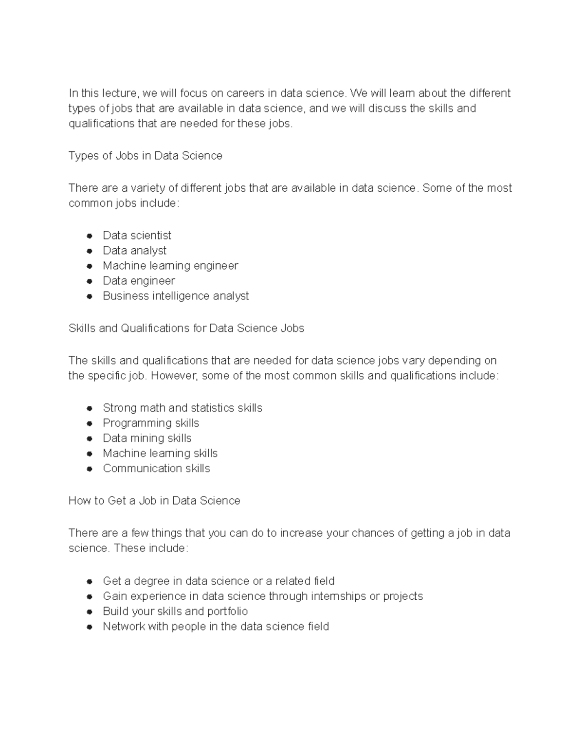 Lecture 10 Careers in Data Science - In this lecture, we will focus on ...