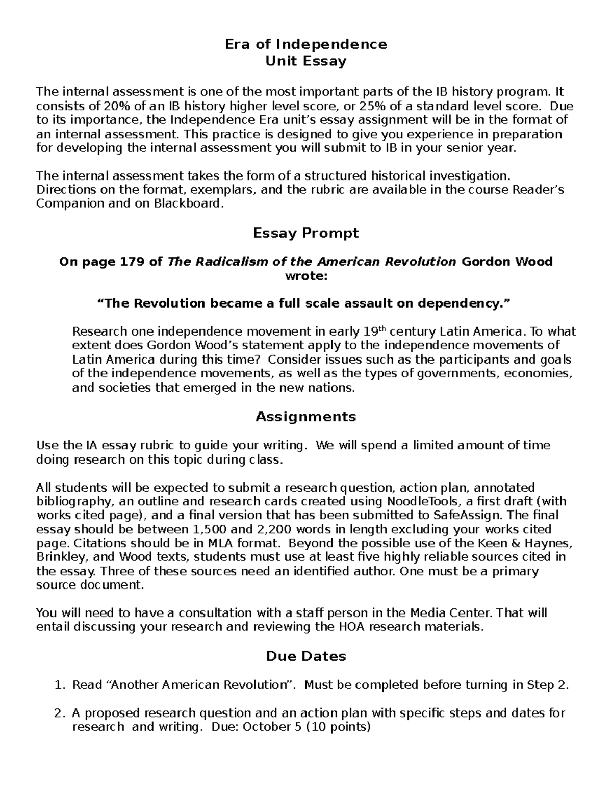 Essay on Independence (2020-2021) - Era of Independence Unit Essay The ...