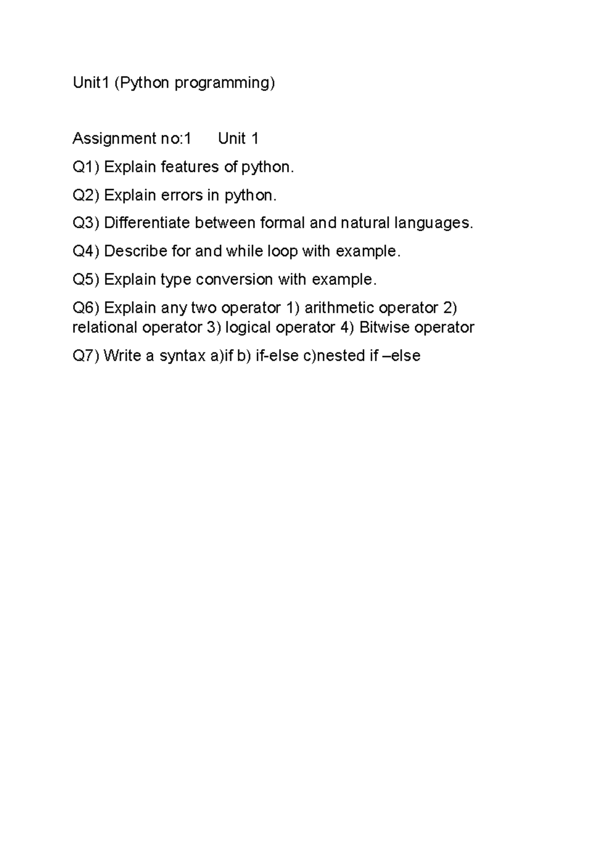 Assignmentno 1 1 - Assignment questions - Python programming - Unit1 (Python programming) - Studocu