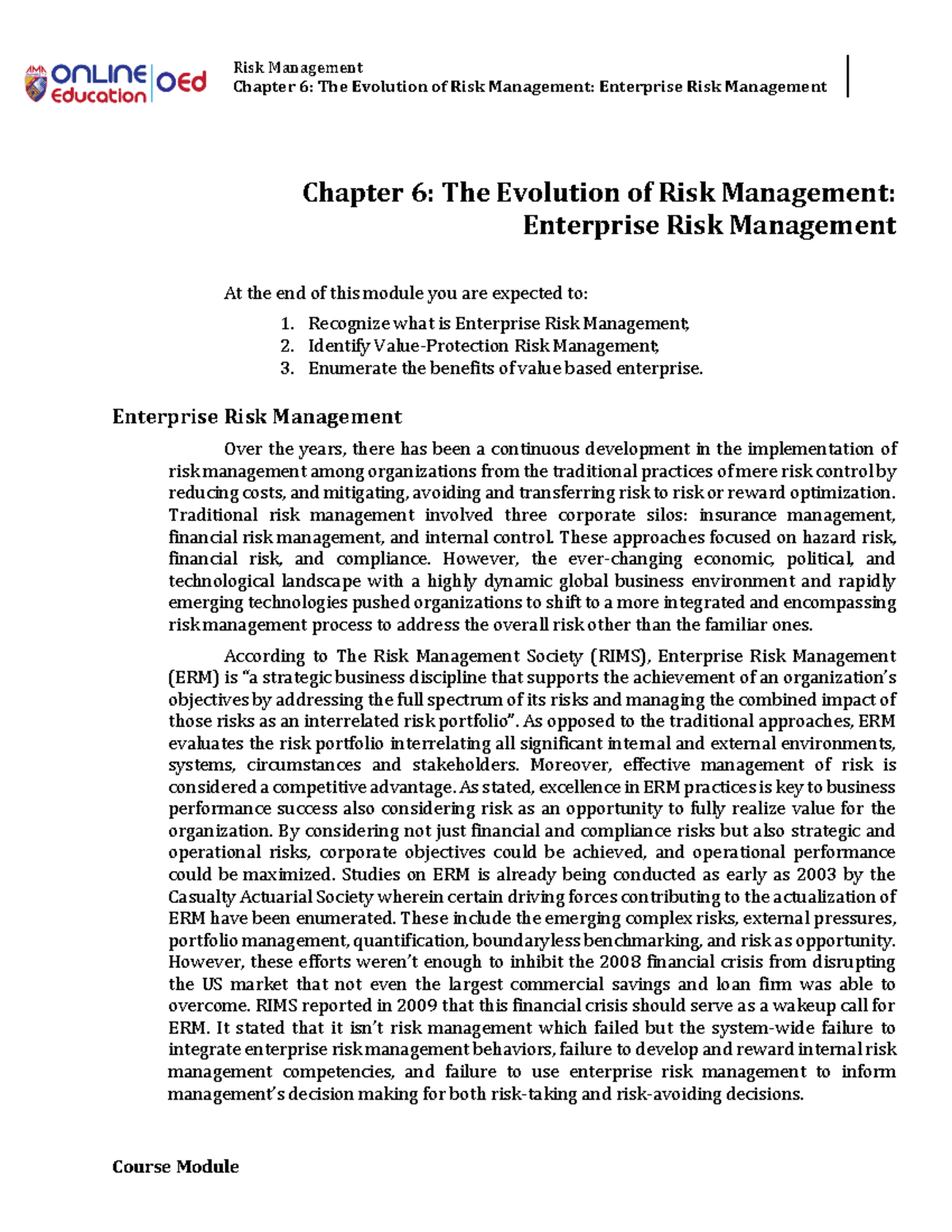 Module 006 The Evolution of Risk Management Enterprise Risk Management ...