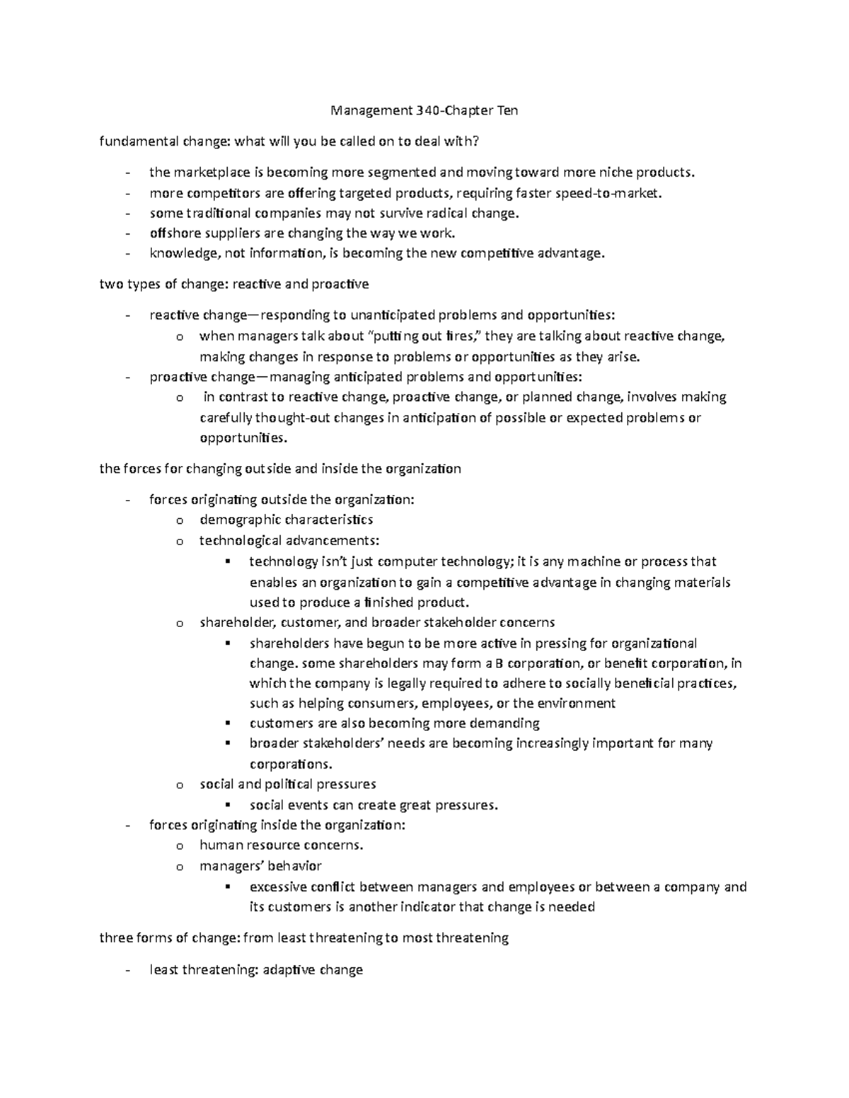 Management 340-Chapter Ten - Management 340-Chapter Ten fundamental ...