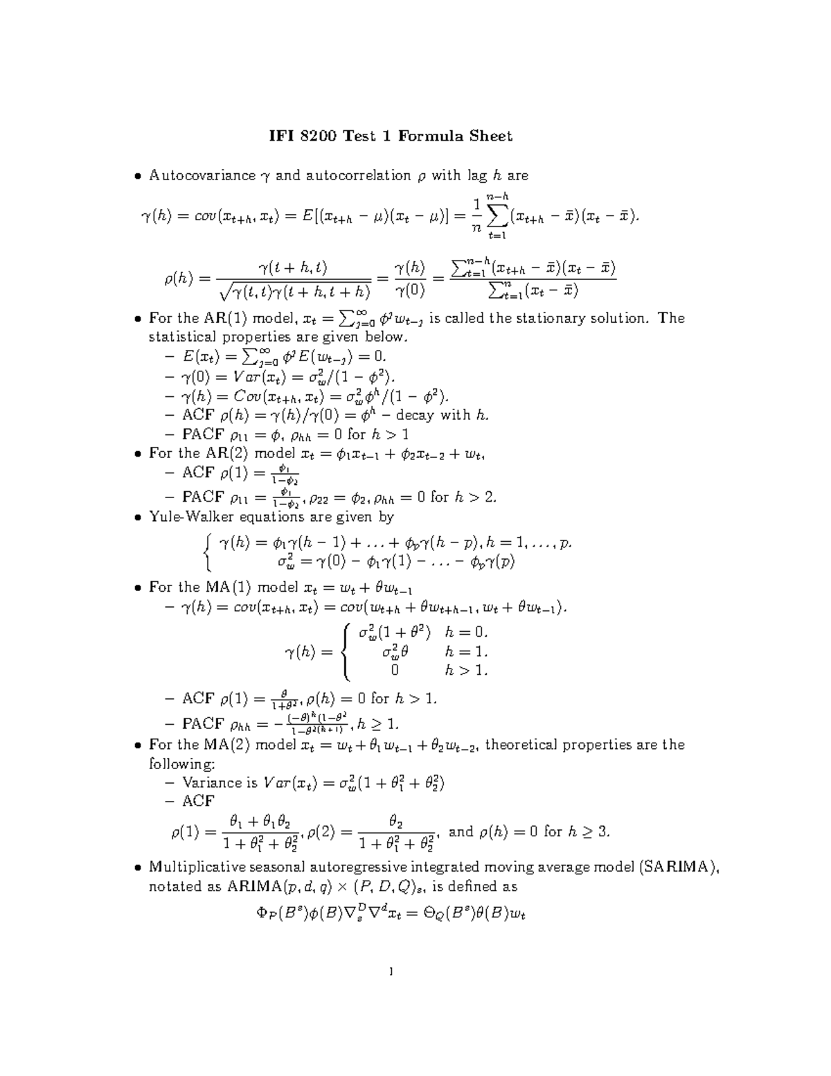 Test1 Formula Sheet - IFI 8200 Test 1 Formula Sheet Autocovariance γ ...