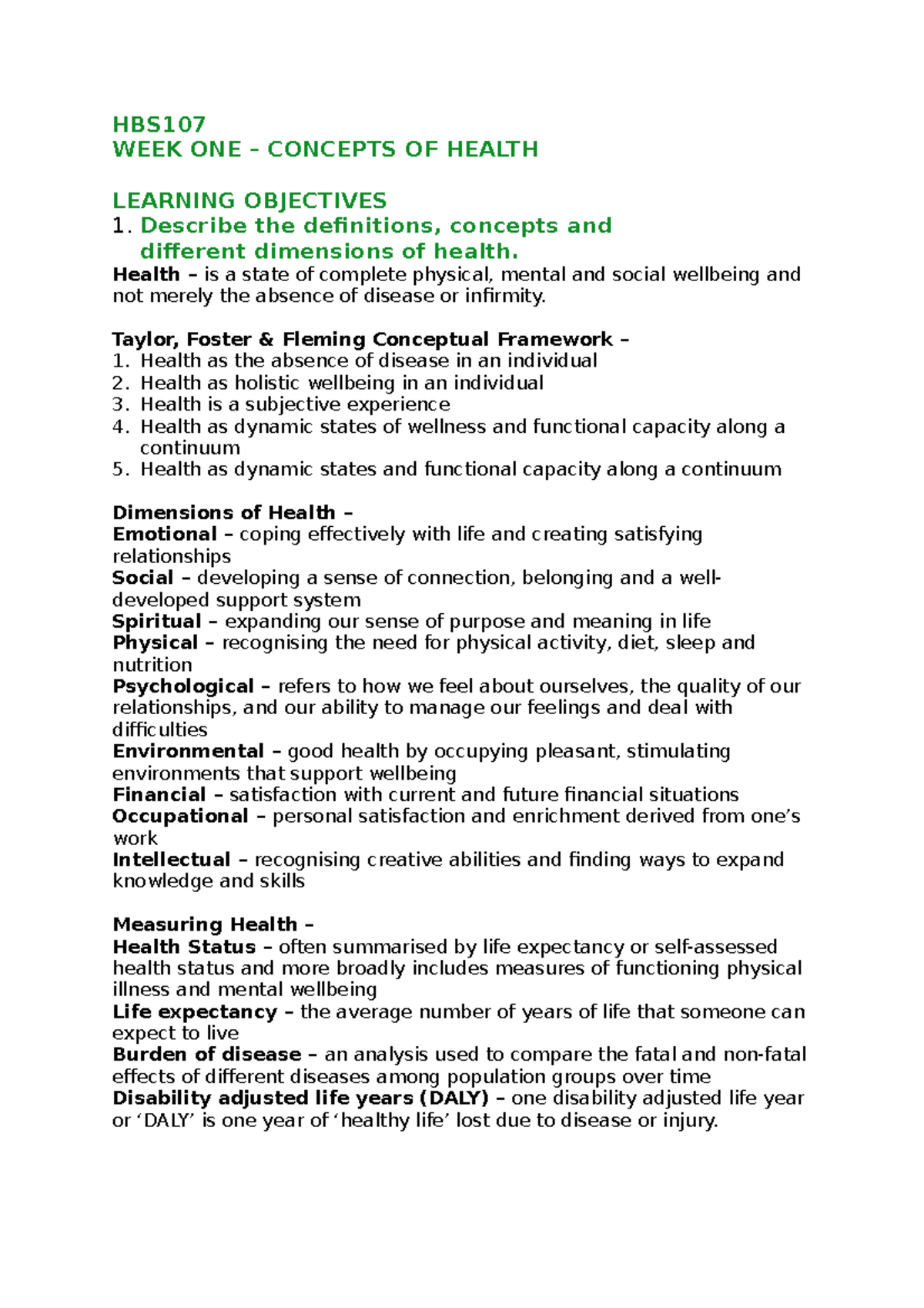 HBS107 nnotes 2021 - HBS WEEK ONE – CONCEPTS OF HEALTH LEARNING ...