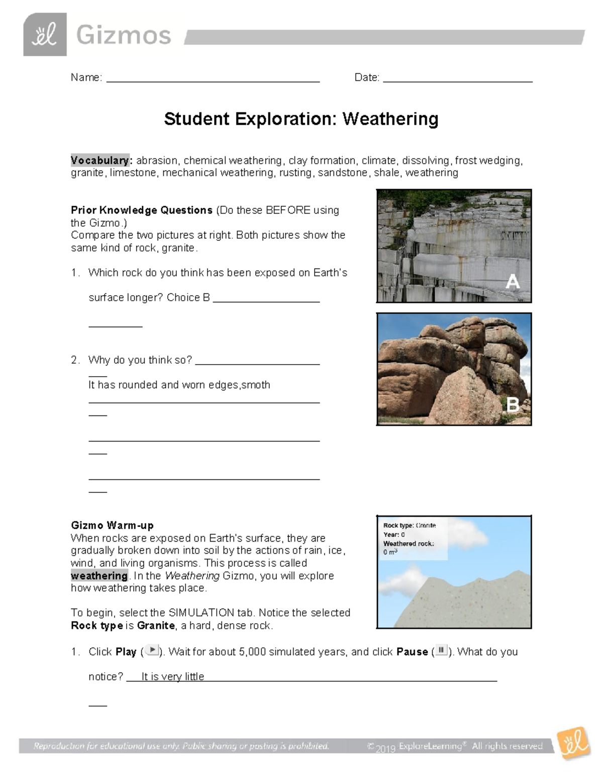 Weathering SE 1 - This is an answer key - Name: Date: Student ...