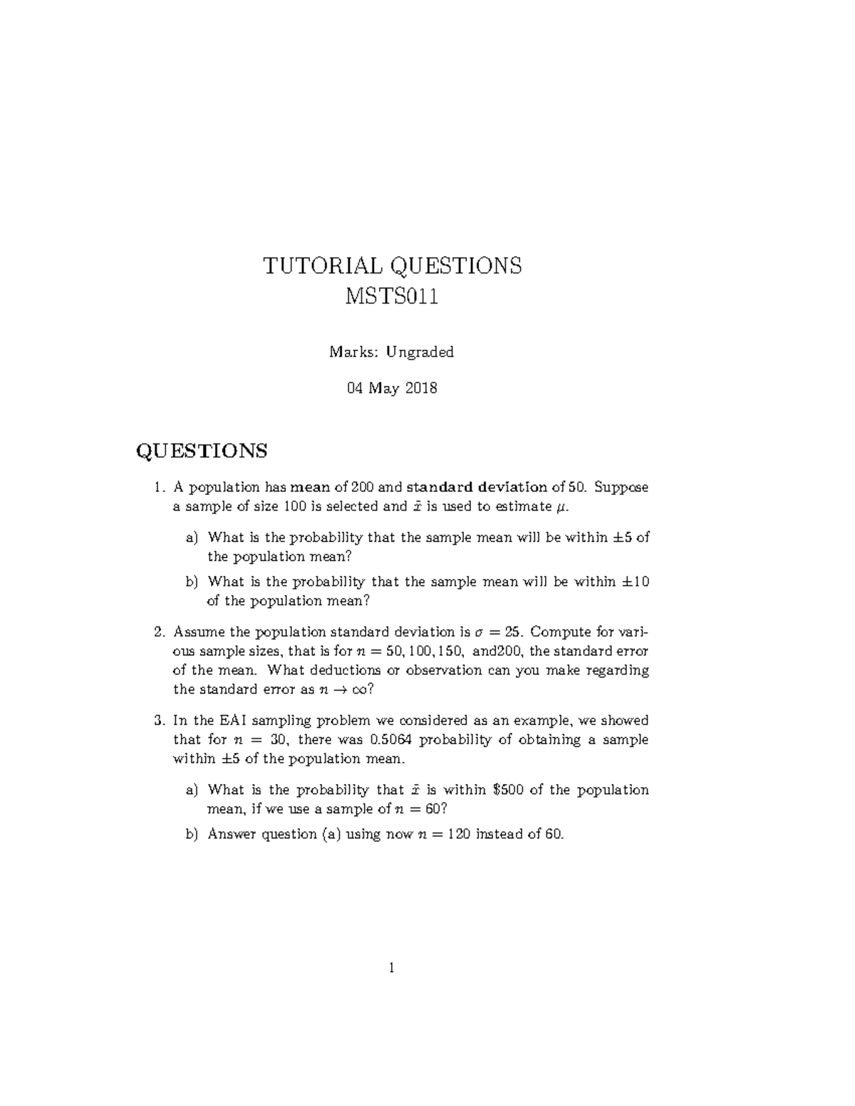 TUT- Questions - TUTORIAL QUESTIONS MSTS Marks: Ungraded 04 May 2018 ...