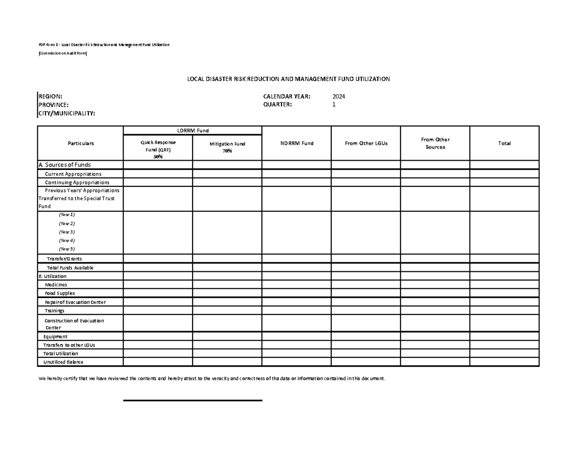 Annual Ldrrmf Utilization Report - for Municipality - FDP Form 8 ...