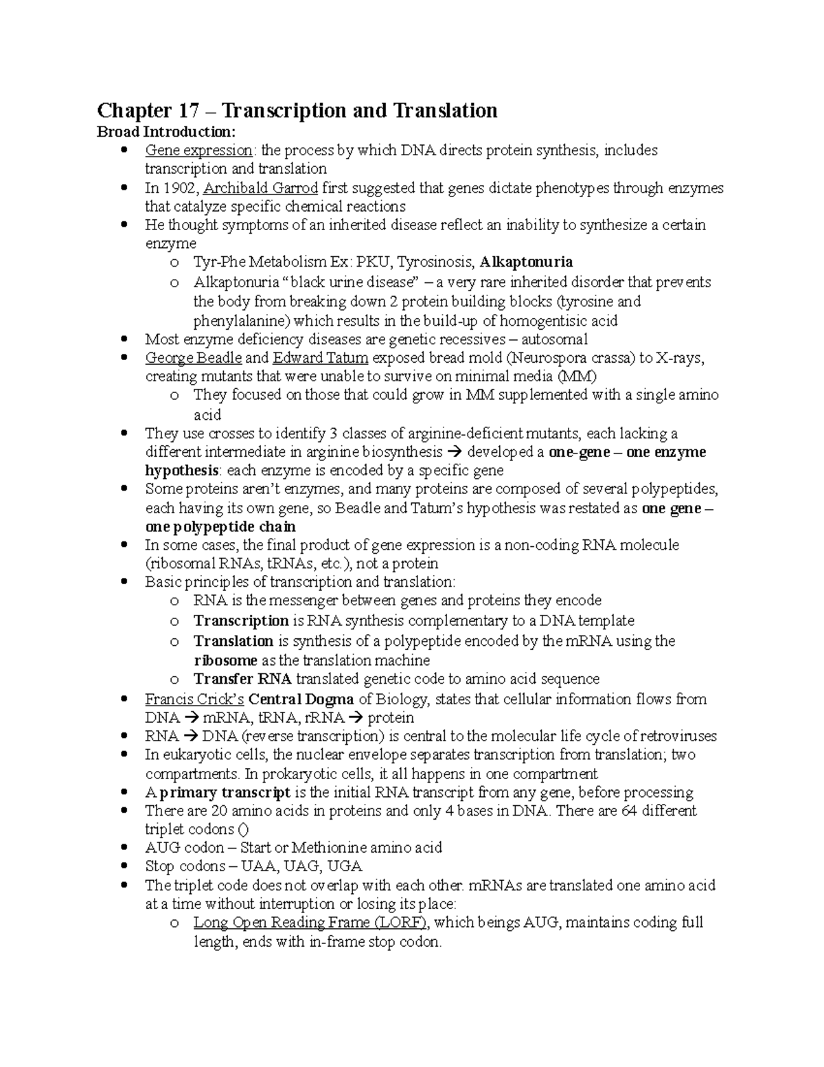 Chapter 17 lecture notes - Chapter 17 – Transcription and Translation ...