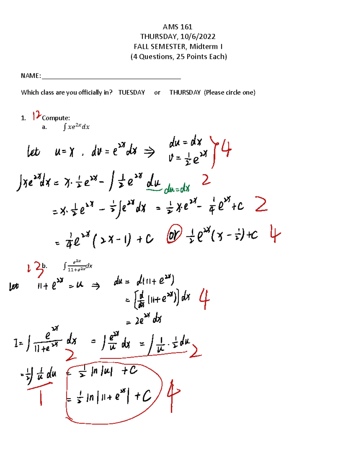 AMS 161 Midterm I V2 Ans - AMS 161 THURSDAY, 10/6/ FALL SEMESTER ...
