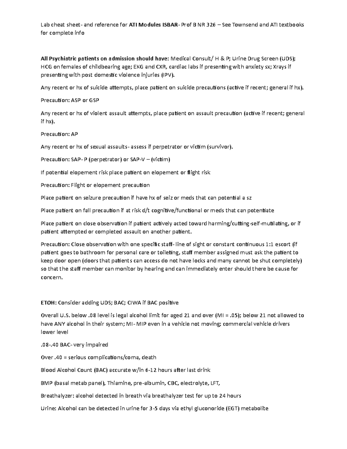 Labs cheat sheet and Reference for ATI Module Isbar NR 326- Prof B ...