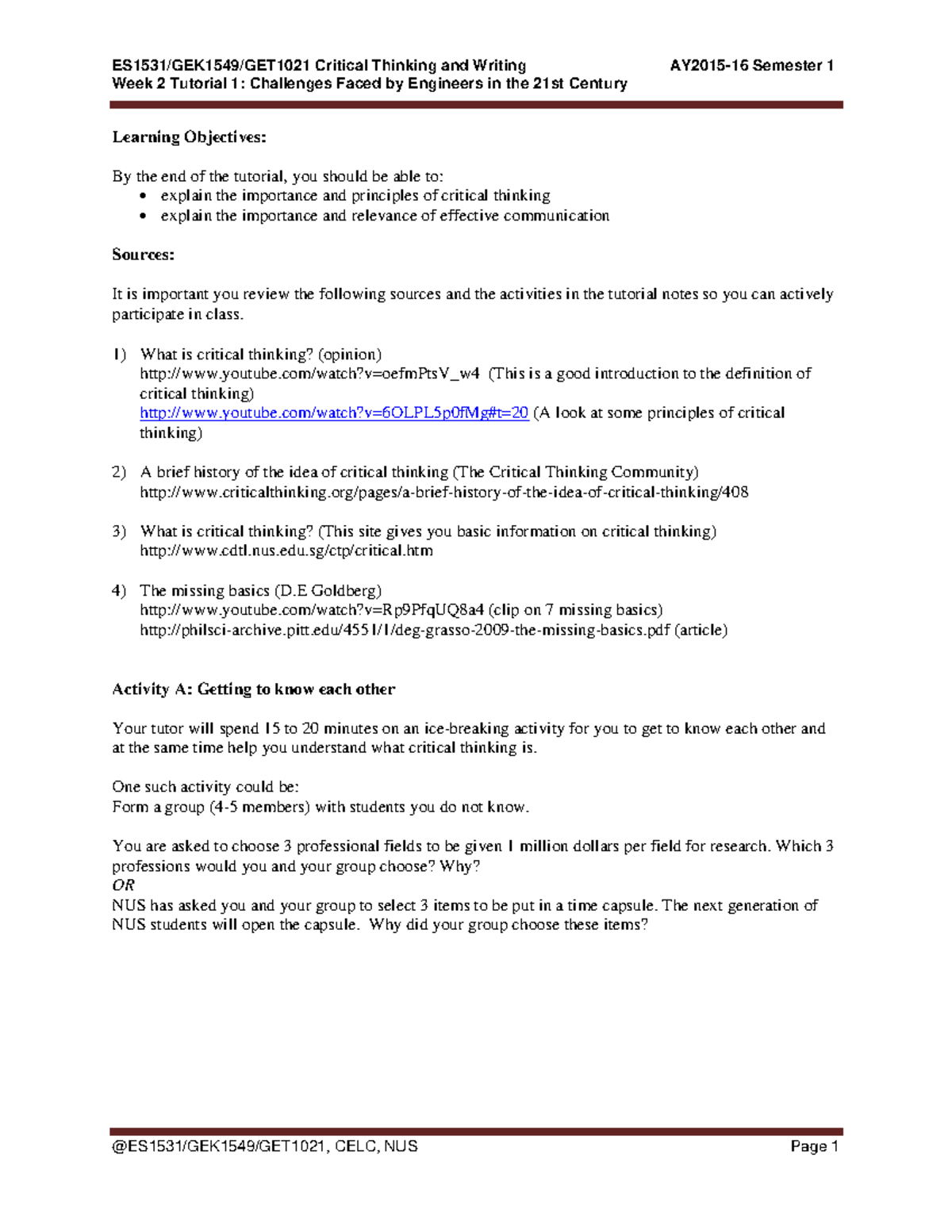 ES1531-GEK1549-GET1021 Tutorial 1Challengesfacedbyengineers - Critical Thinking and Writing Week ...