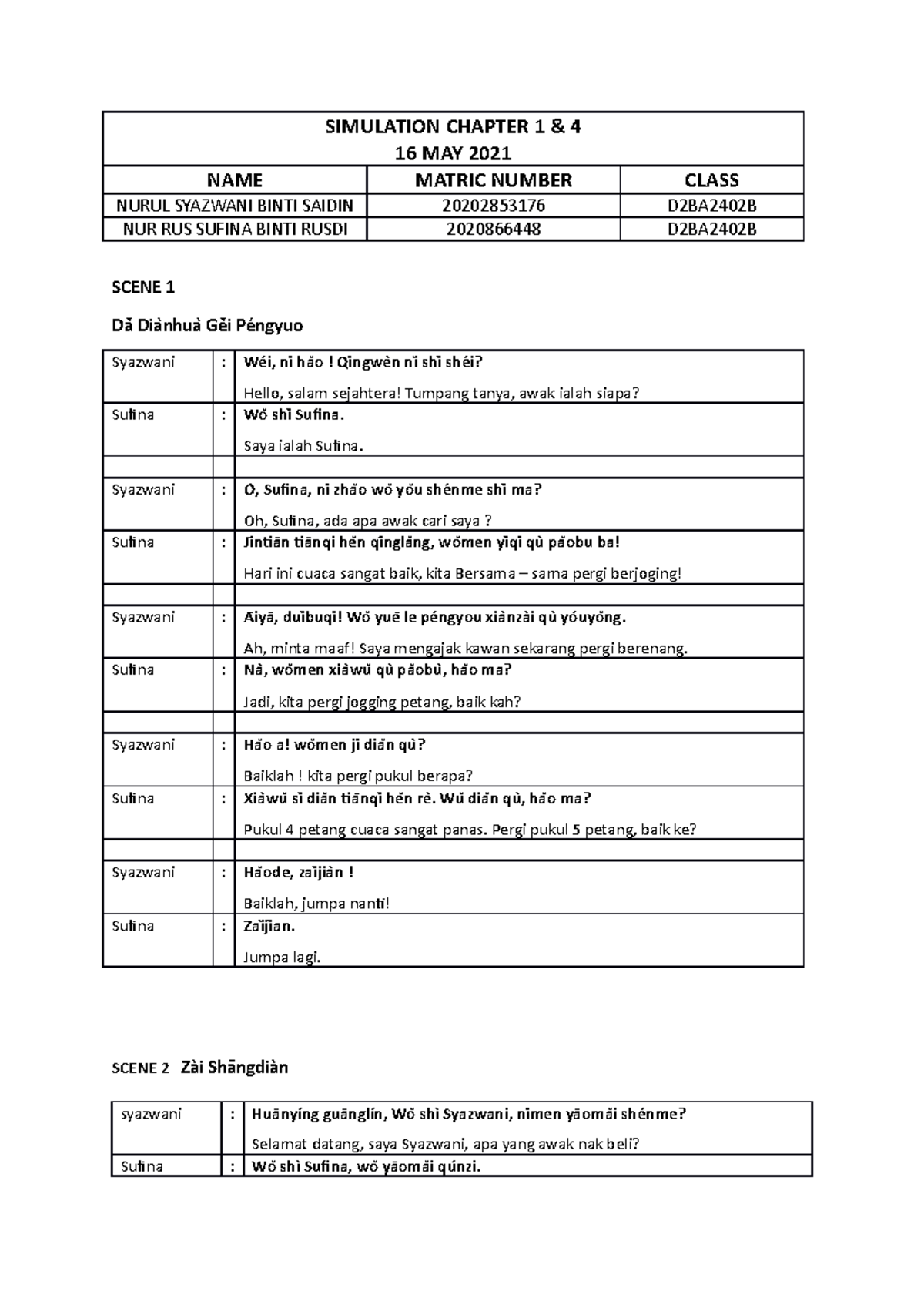 TMC 451 Simulation Script PAIRING FOR MANDARIN LEVEL 2 - Bachelor in ...