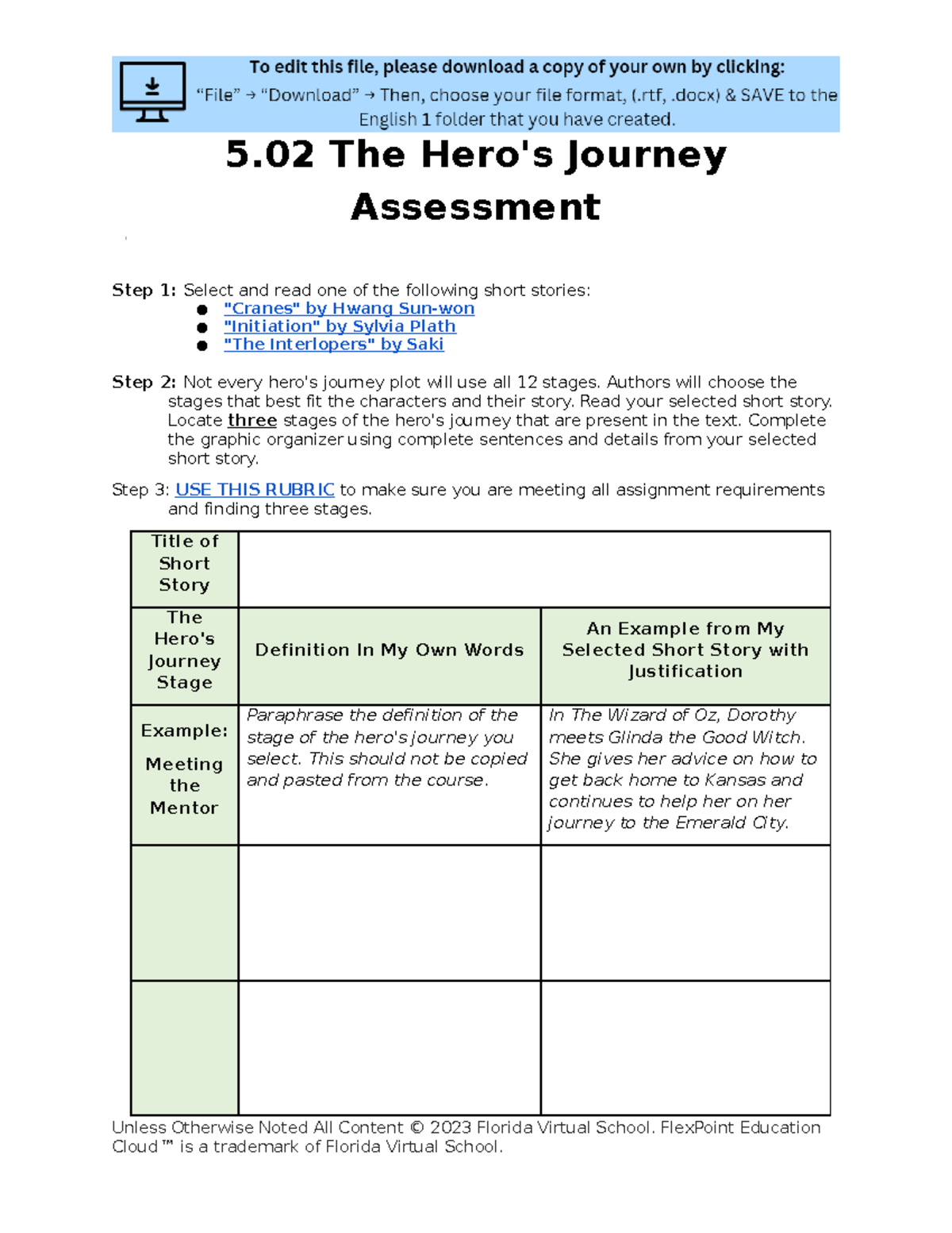 The Hero's Journey - 5 The Hero's Journey Assessment Step 1: Select and ...