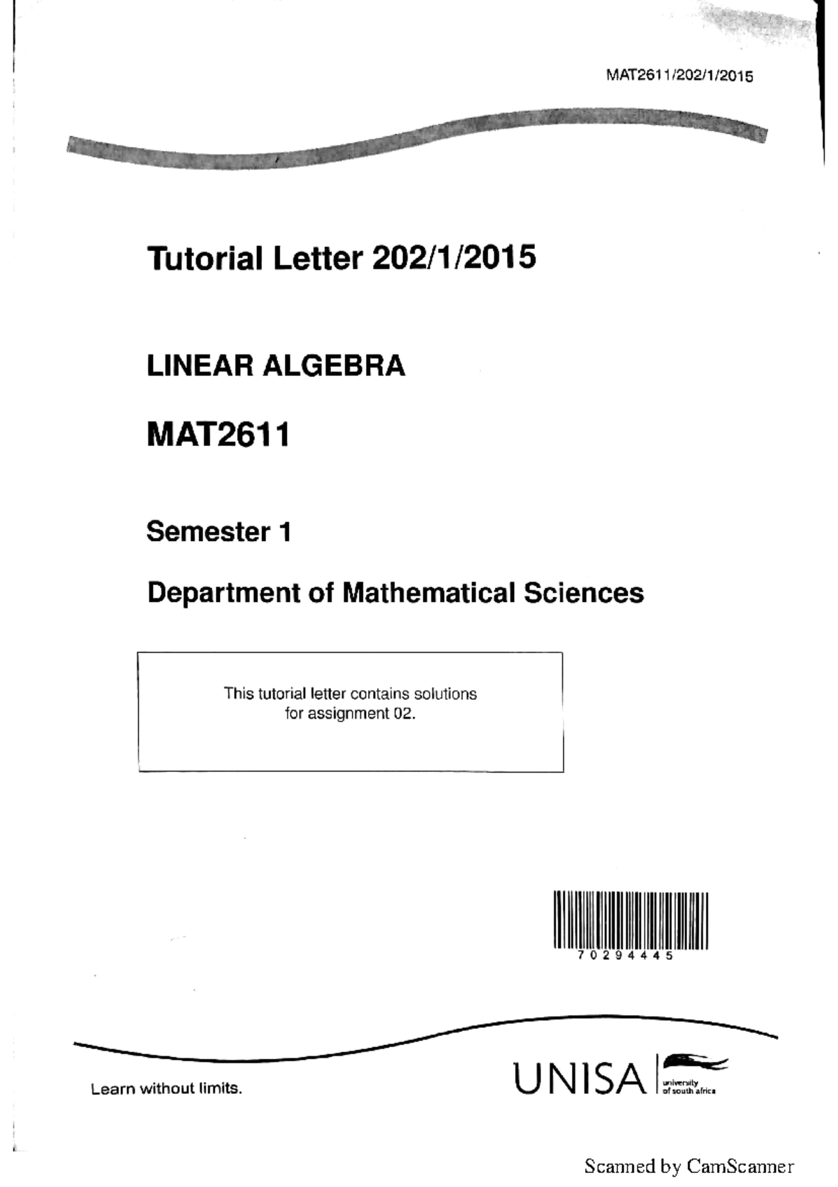Mat2611 a 2 solution - MAT2611 - Scanned by CamScanner Scanned by CamScanner Scanned by ...