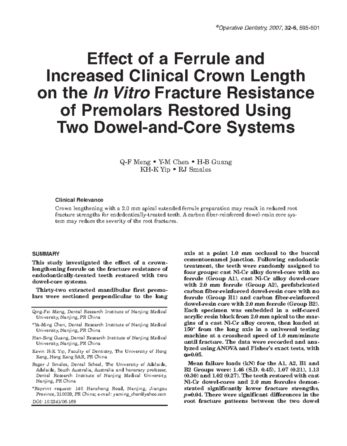 06-169.pdf Ferrule - articulo - Effect of a Ferrule and Increased Clinical Crown Length on the ...