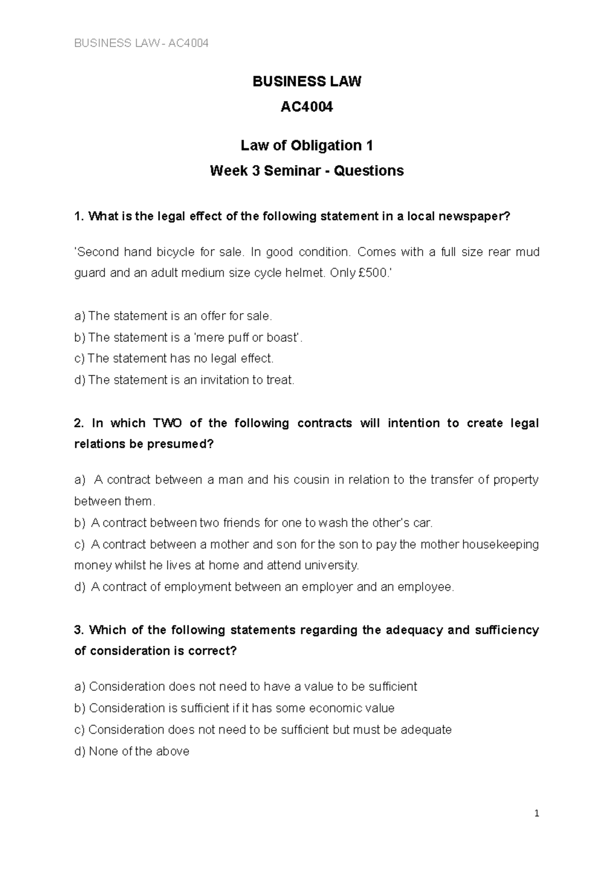 Week 3 Seminar Questions Environment for Business - BUSINESS LAW - AC ...