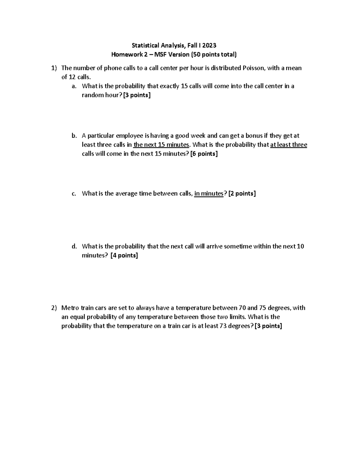 Stats Fall1 2023 HW2 MSF - Statistical Analysis, Fall I 2023 Homework 2 ...