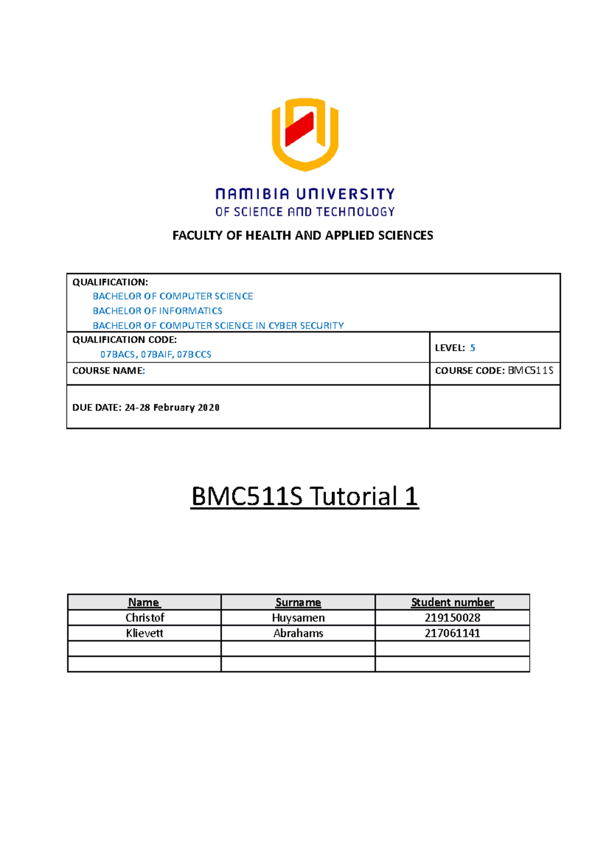 BMC Tutorial - Ansers for tutotial 1 - FACULTY OF HEALTH AND APPLIED ...
