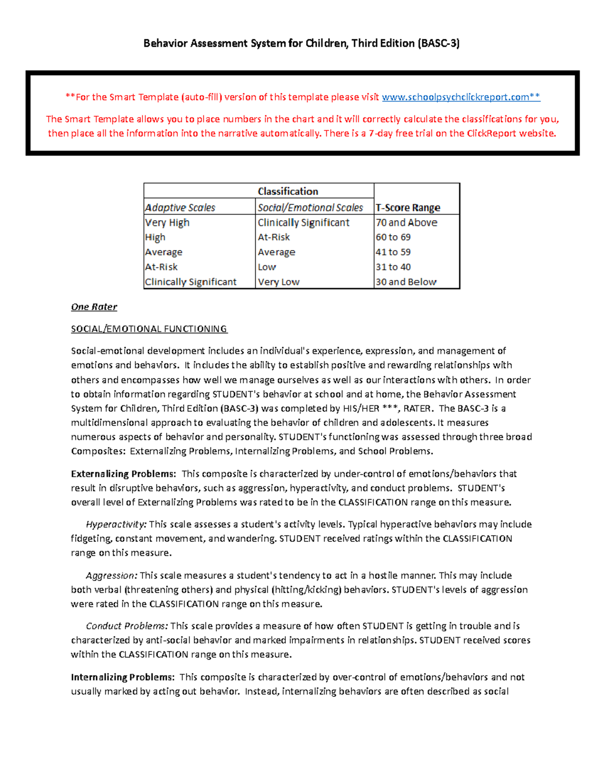 BASC3 - An assessment test - One Rater SOCIAL/EMOTIONAL FUNCTIONING ...