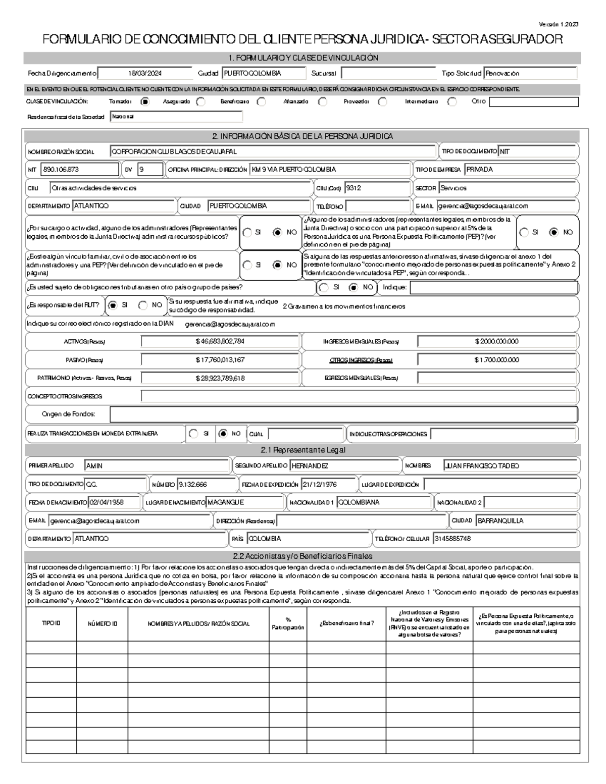 Formulario de conocimiento PJ 2023 - FORMULARIO DE CONOCIMIENTO DEL CLIENTE PERSONA JURIDICA ...