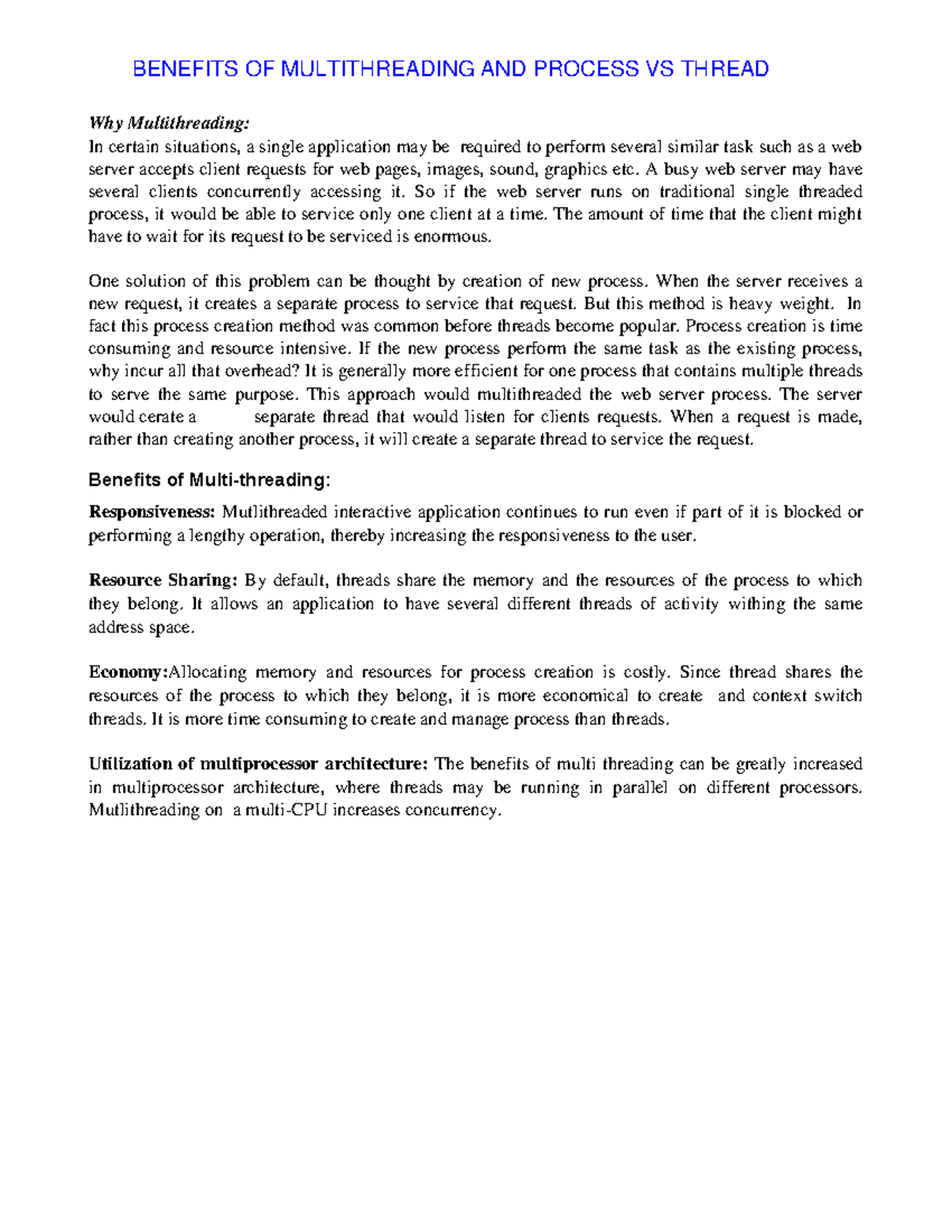 Benefits of Multithreading Process Vs Thread - Why Multithreading: In ...