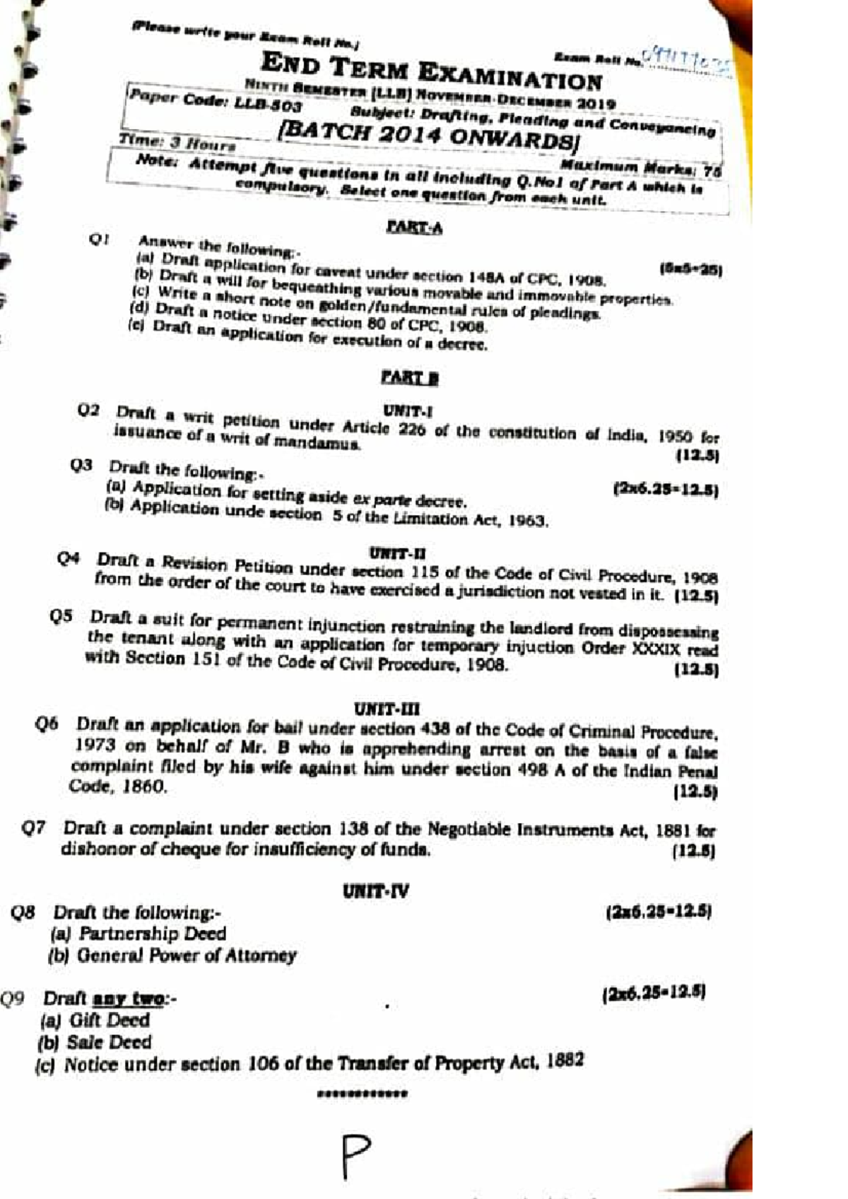 9th sem (1) - Previous year question paper - BALLB - Studocu