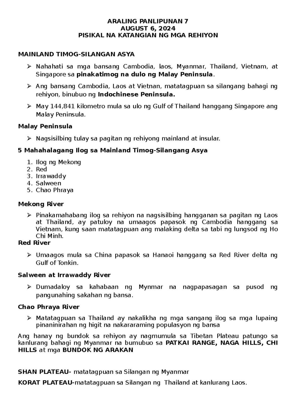 Pisikal NA Katangian NG Mainland TSA - ARALING PANLIPUNAN 7 AUGUST 6 ...