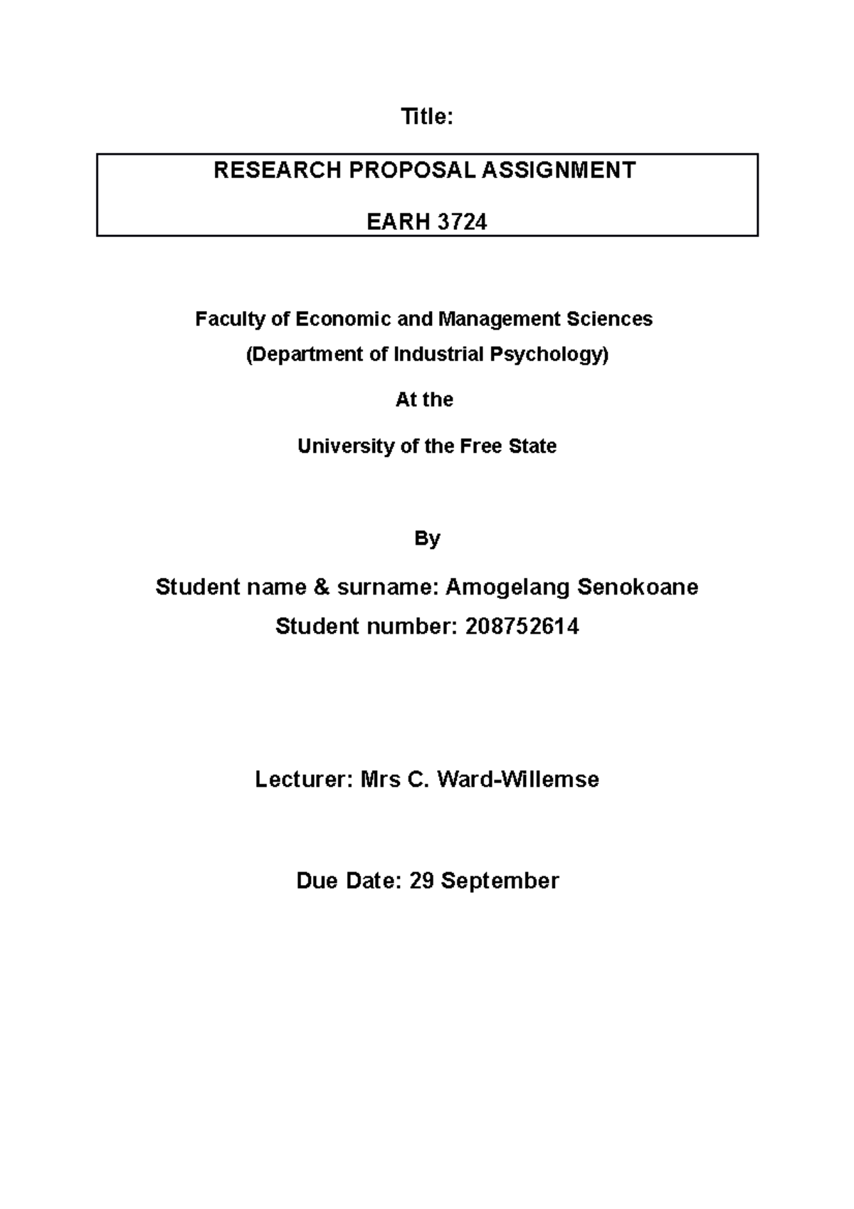 Cover Page Template(1) - Title: RESEARCH PROPOSAL ASSIGNMENT EARH 3724 ...