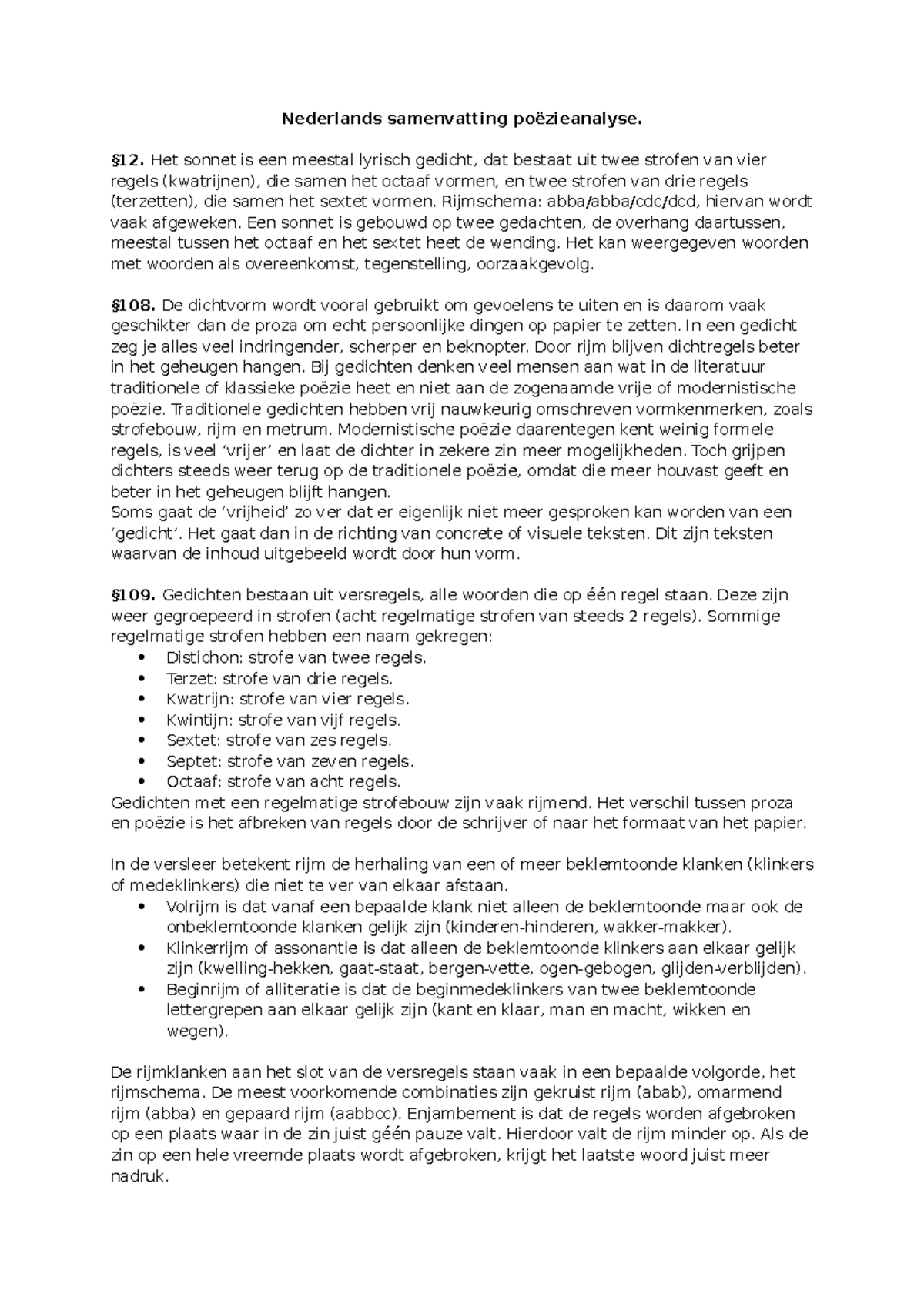 Samenvatting poëzieanalyse - §12. Het sonnet is een meestal lyrisch ...