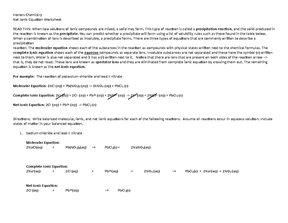 NET Ionic Equations 2023 Honors - Completed - Honors Chemistry Net ...