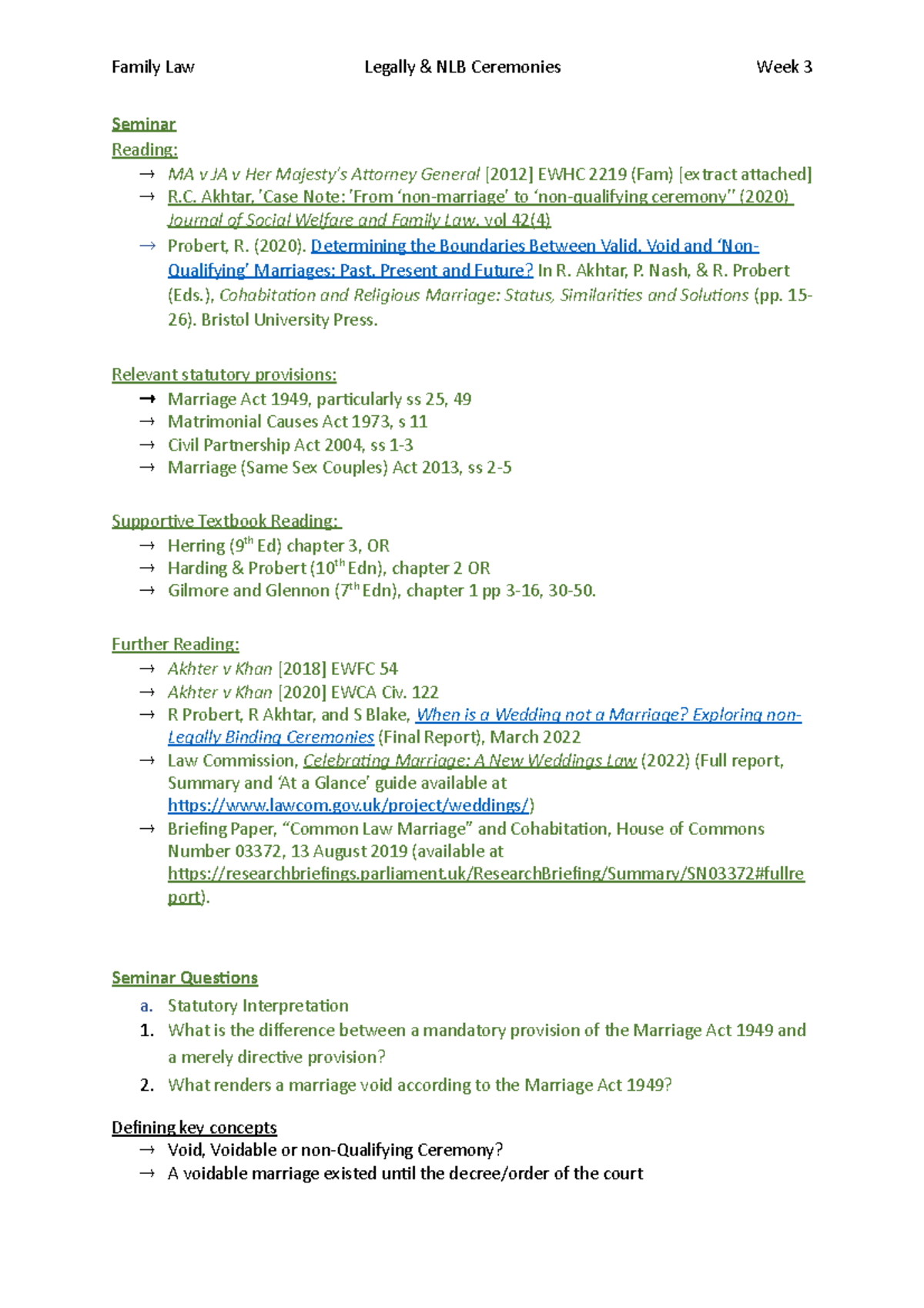 Family Law week 3 - Lecture notes and seminar notes - Seminar Reading ...