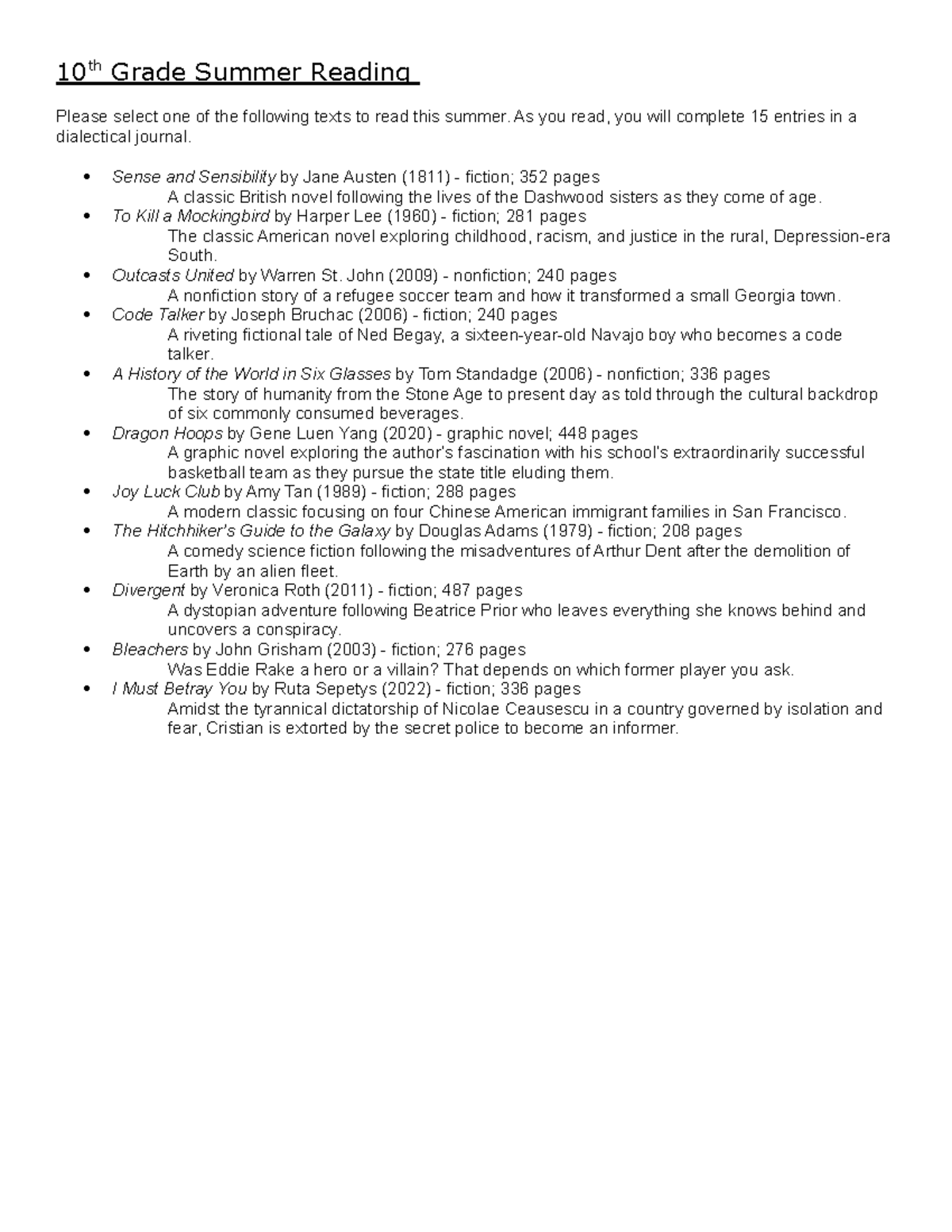 10th Grade Honors English II Summer Reading 10 Th Grade Summer