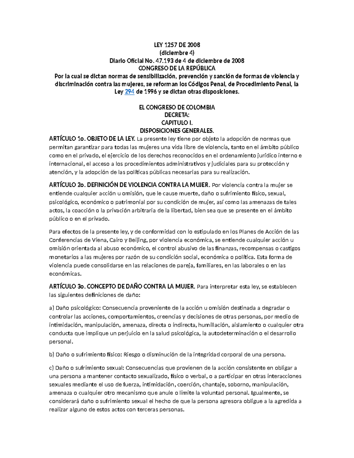 Ley 1257 de 2008 - Ley 1257 de 2008 - LEY 1257 DE 2008 (diciembre 4 ...