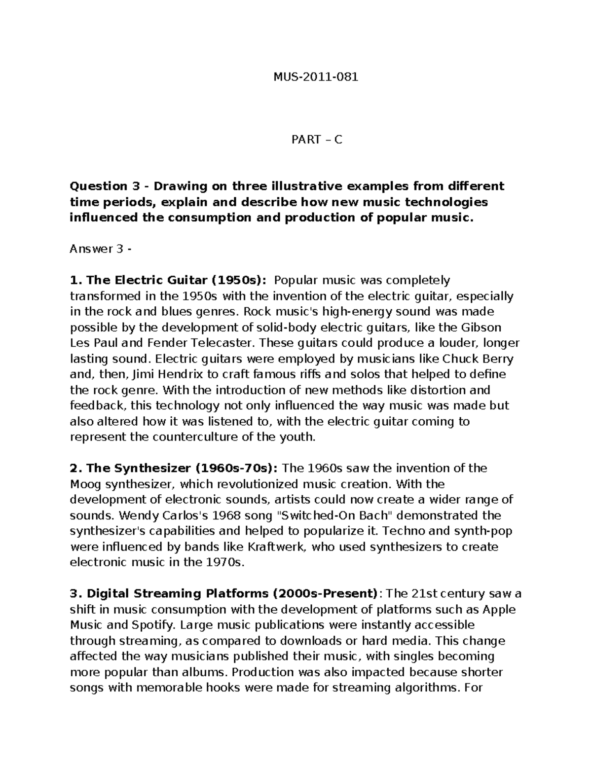 Music - part C - MUS-2011- PART – C Question 3 - Drawing on three ...