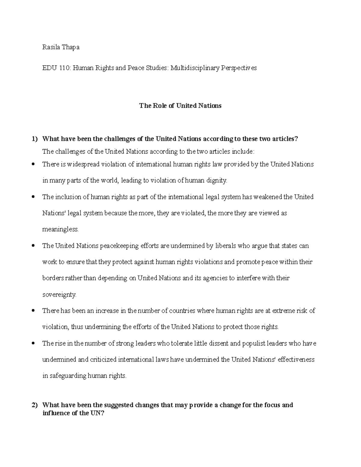 Week4edu - The Role of United Nations - Rasila Thapa EDU 110: Human ...