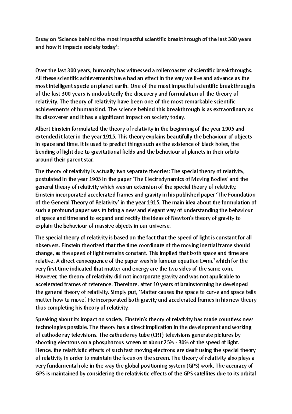Essay on Theory of Relativity - Essay on ‘Science behind the most ...