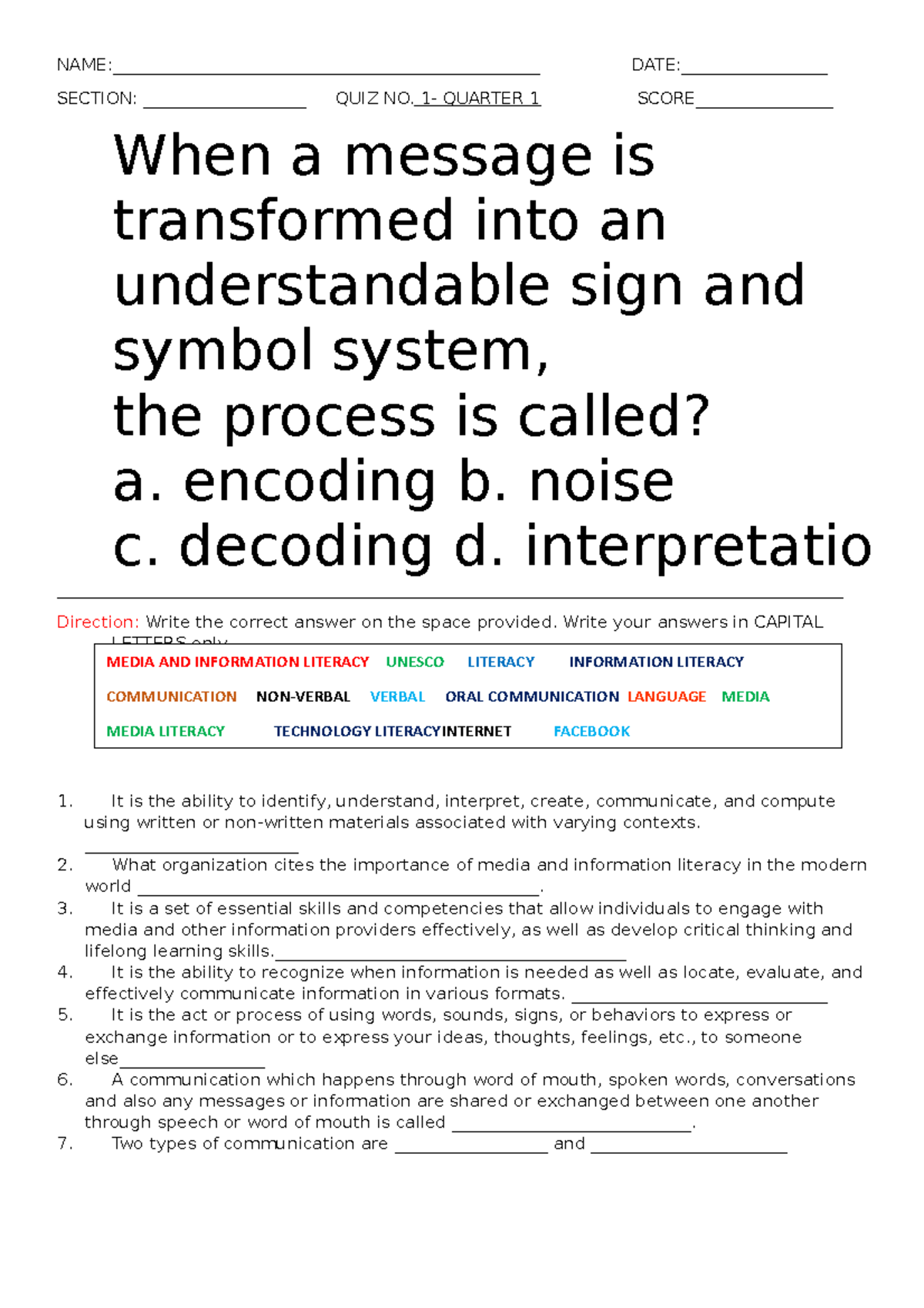 QUIZ 1 Media Q1 SET A - NAME ...