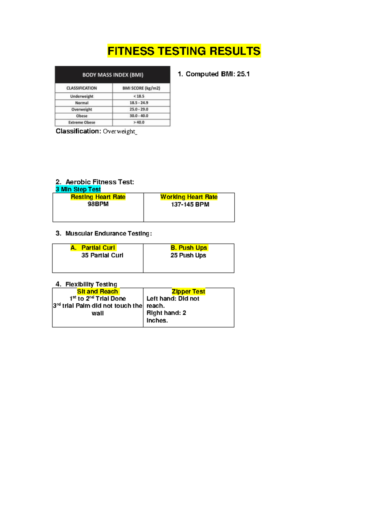 Pathfit - FITNESS TESTING RESULTS 1. Computed BMI: 25. Classification ...