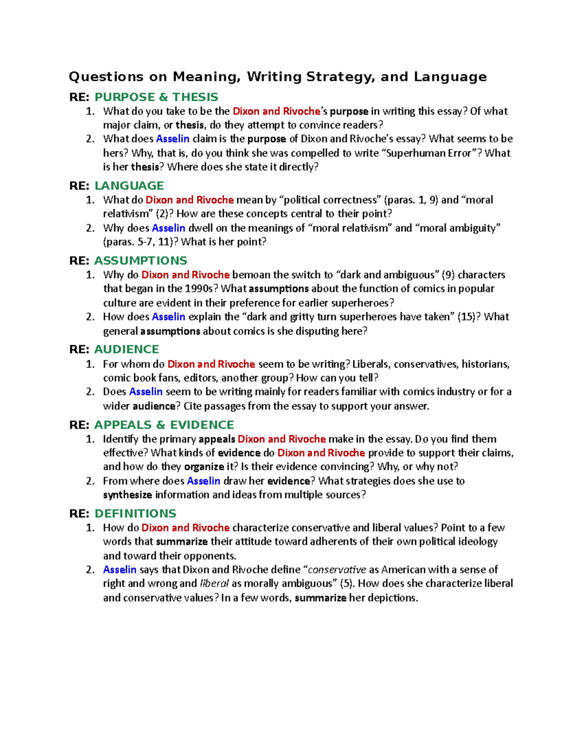 Questions for In-Class Dicussion - Questions on Meaning, Writing ...