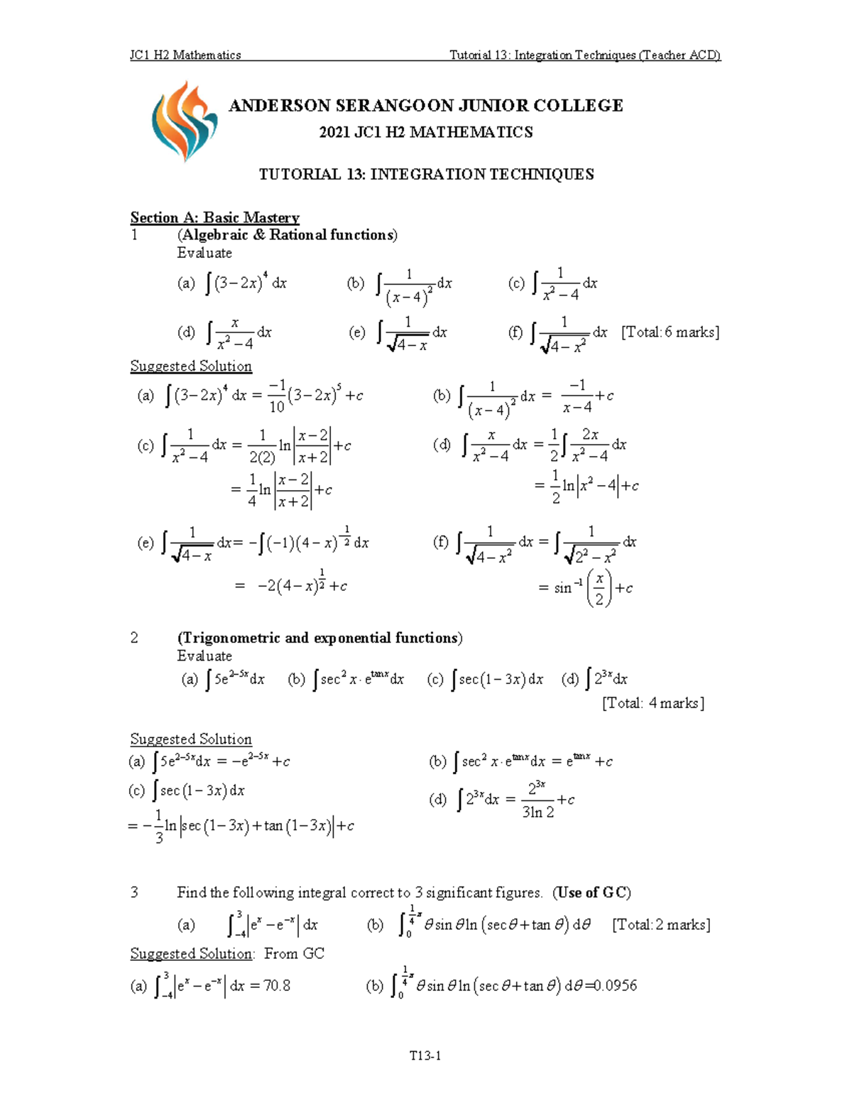2021 T13 Integration Techniques Sol Section A C And D