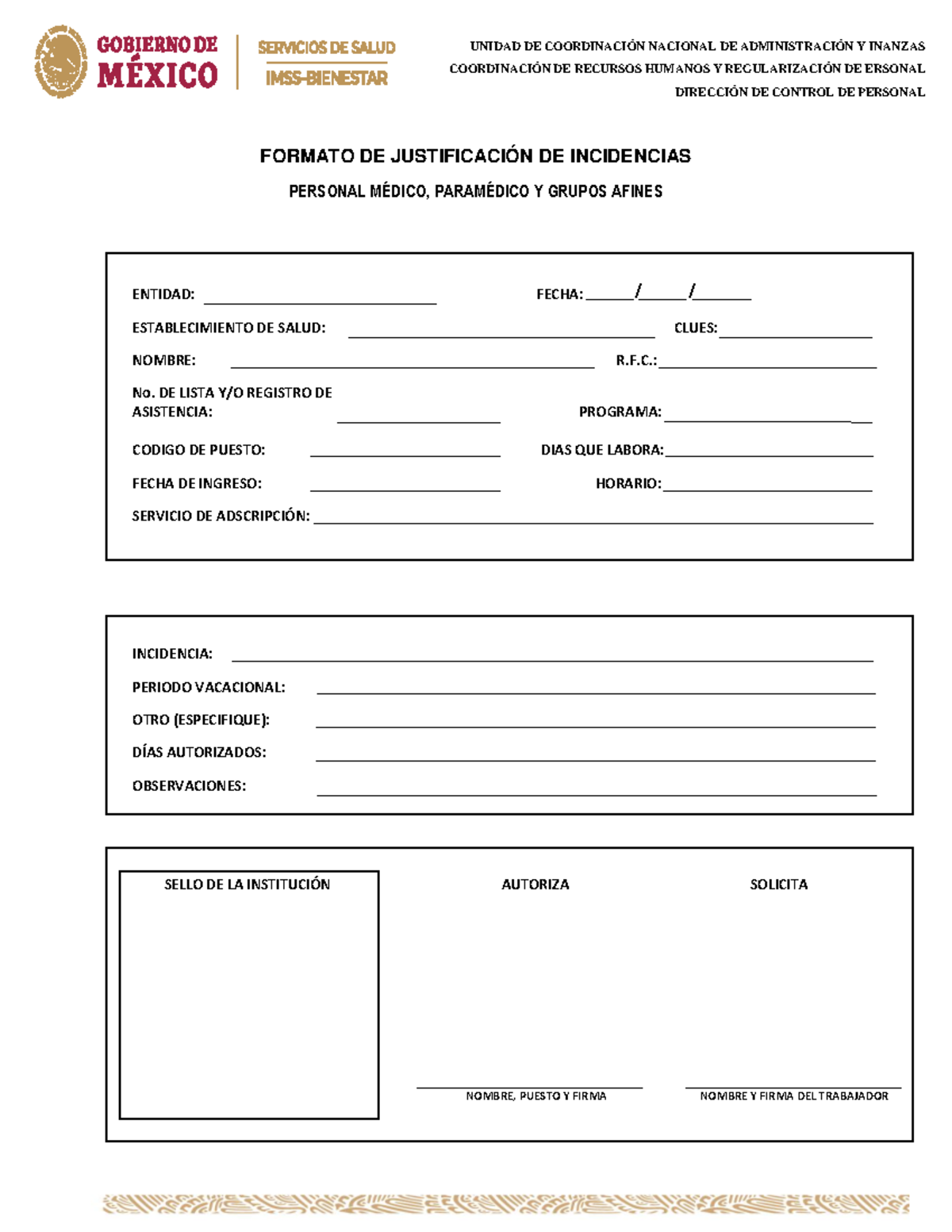 Formato Vacaciones IMSS Bienestar - / / FORMATO DE JUSTIFICACIÓN DE ...