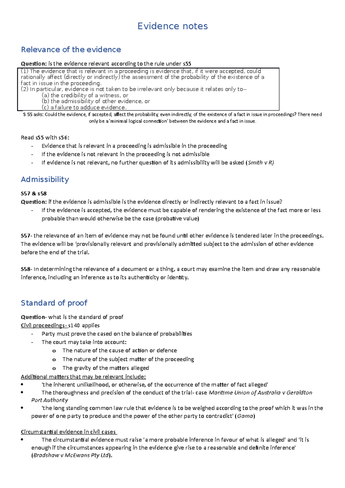 Evidence notes - Evidence notes Relevance of the evidence Question: is ...
