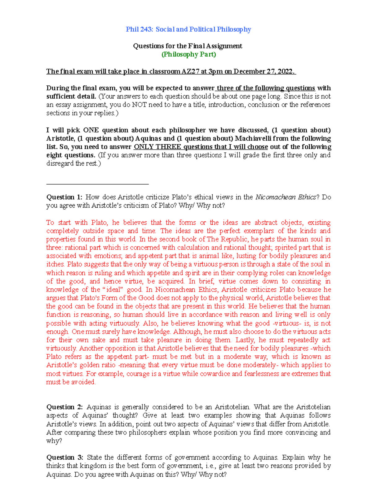Questions for Final Assignment (Philosophy Part) - Phil 243: Social and ...