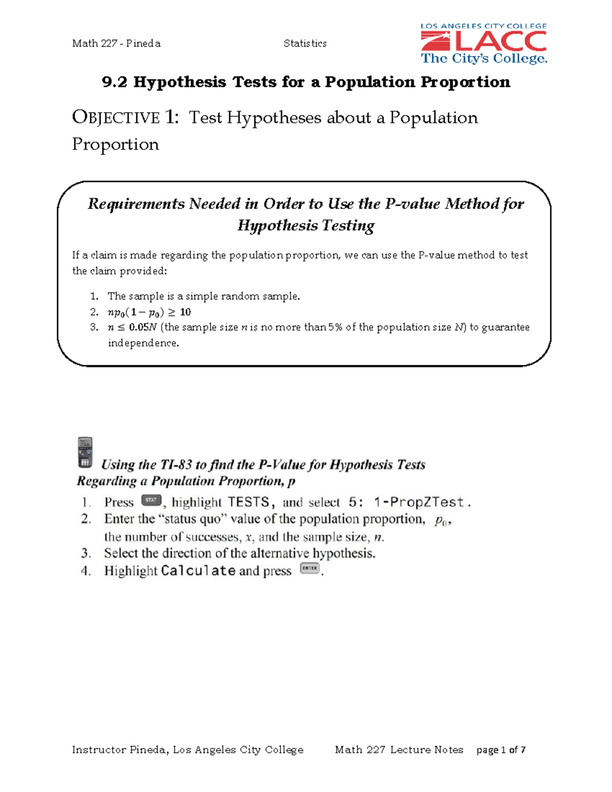 Section 9-P-value Method of Hypothesis Testing Regarding a Population ...