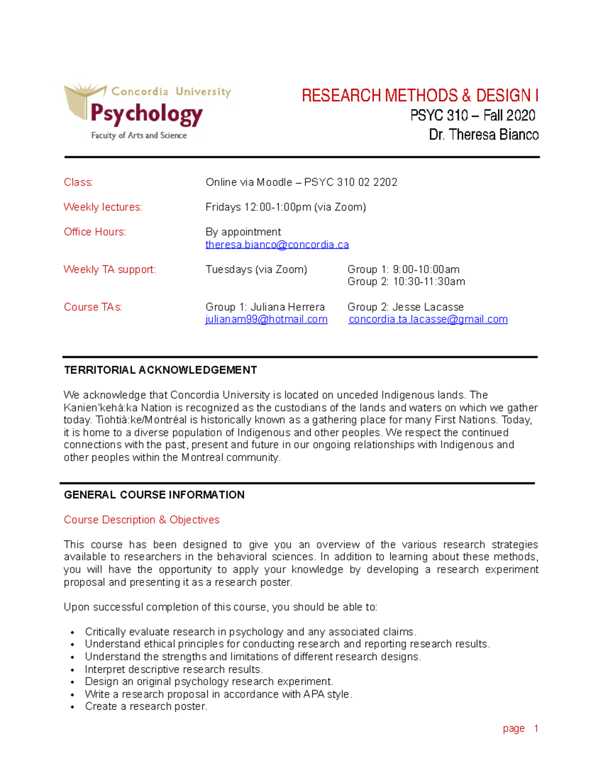 310 Course outline Fall 2020 - RESEARCH METHODS & DESIGN I PSYC 310 ...