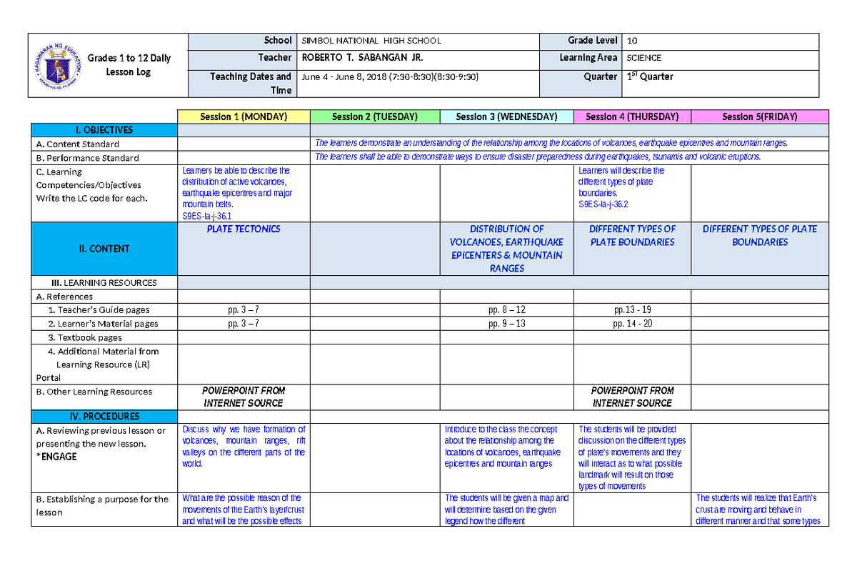 410091559 2018 2019 Science 10 DLL docx - Grades 1 to 12 Daily Lesson ...