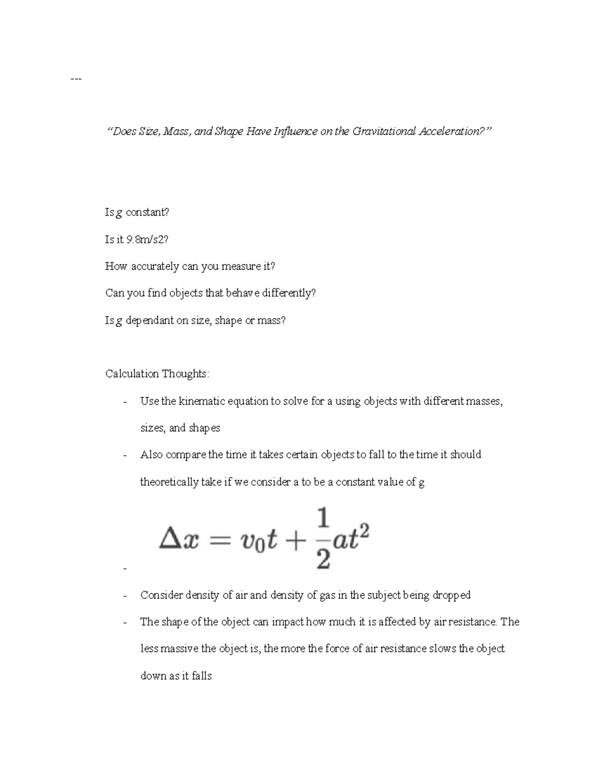 Physics 11 Lab 2.1 - “Does Size, Mass, and Shape Have Influence on the ...