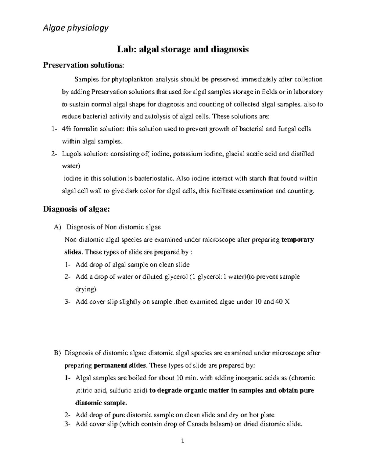 Algae physilogy - Algae physiology 1 Lab: algal storage and diagnosis ...