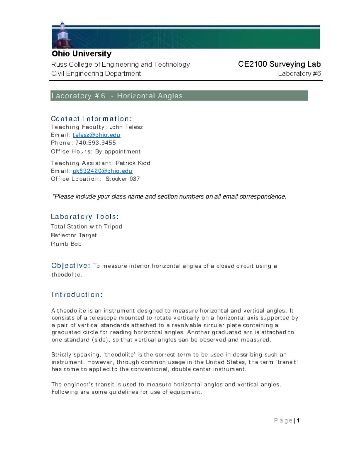 CE 2100 Surveying Lab #6 - Russ College of Engineering and Technology ...