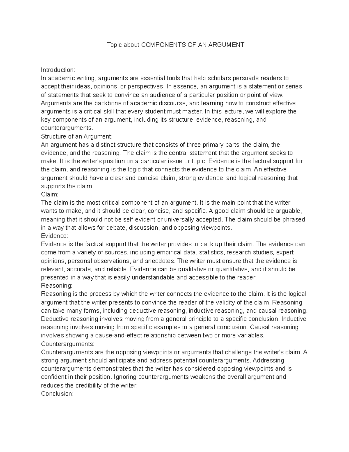 ESW100 lecture notes 5 - Topic about COMPONENTS OF AN ARGUMENT ...